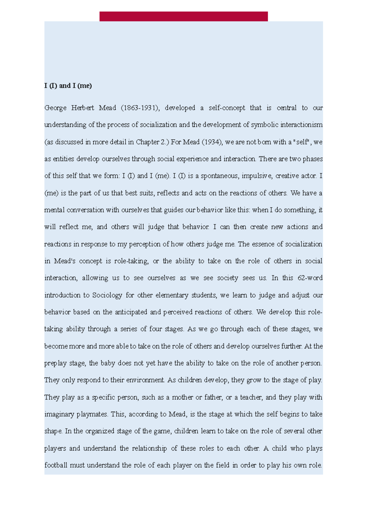 Notes Sociology - I (I) and I (me) - I (I) and I (me) George Herbert ...