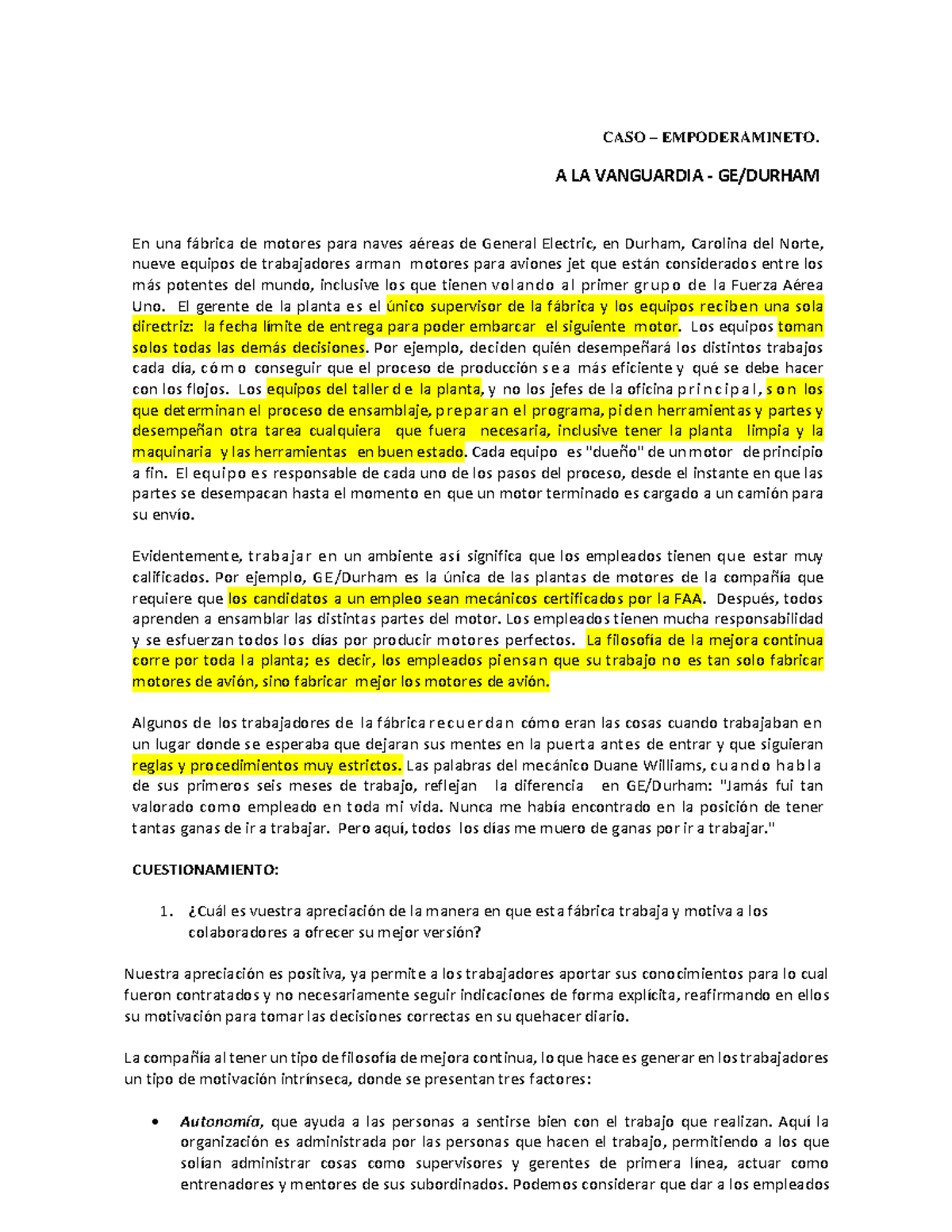 Caso Empoderamiento - Fabrica GE - Durham preguntas - CASO ...