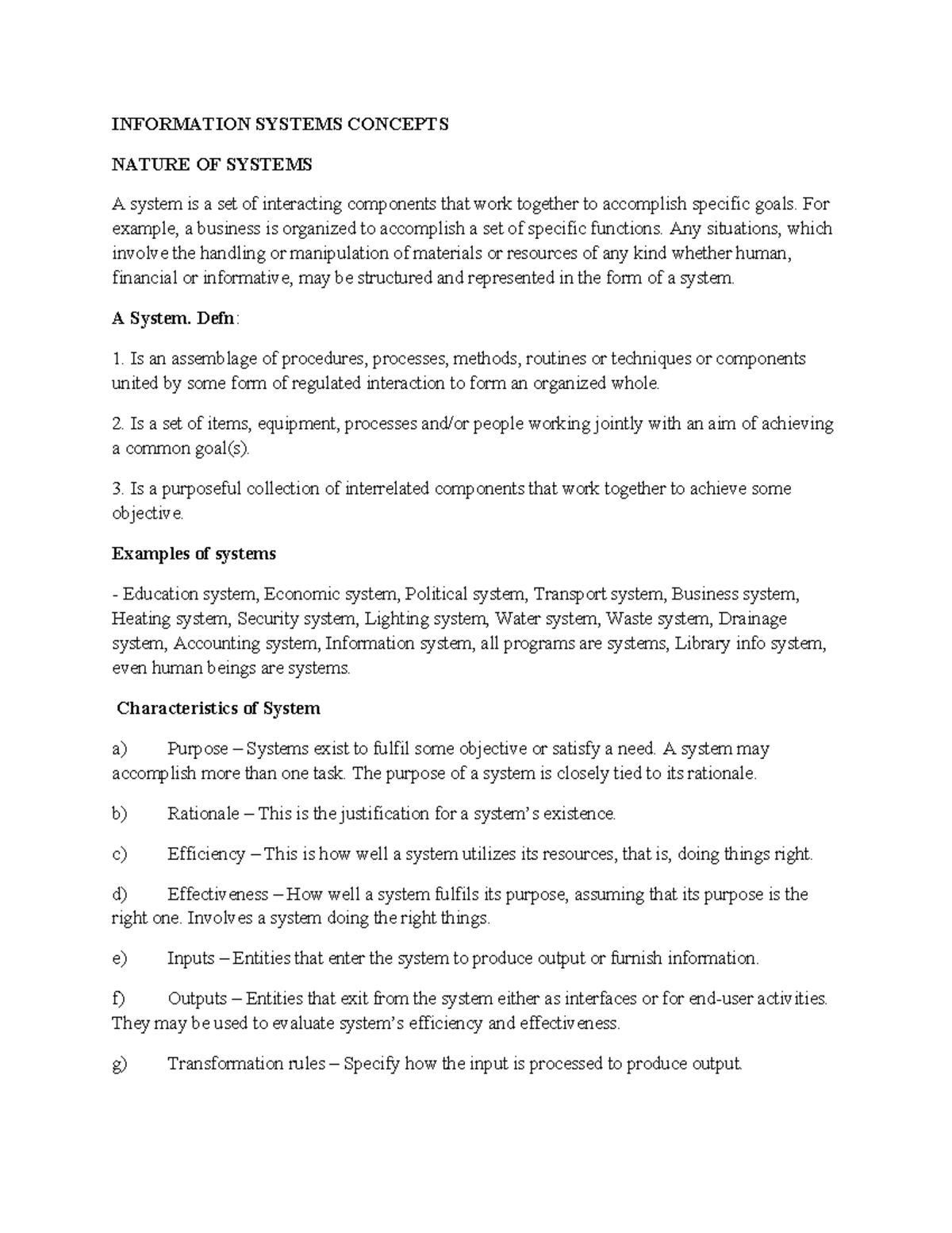 Information Systems Concepts Information Systems Concepts Nature Of Systems A System Is A Set
