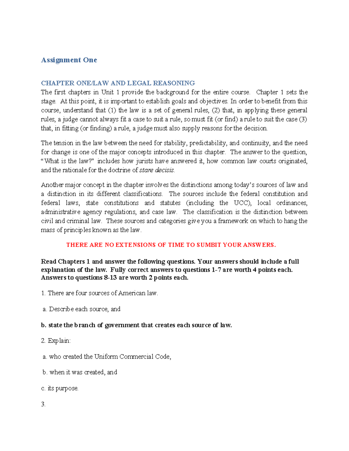 Business Law I Assignment 1 Ch 1 IF - Assignment One CHAPTER ONE/LAW AND LEGAL REASONING The ...