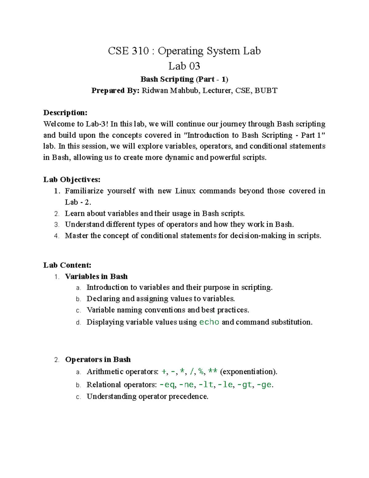 Lab - 03 Manual - systenm analysis nedded - CSE 310 : Operating System Lab Lab 03 Bash Scripting ...