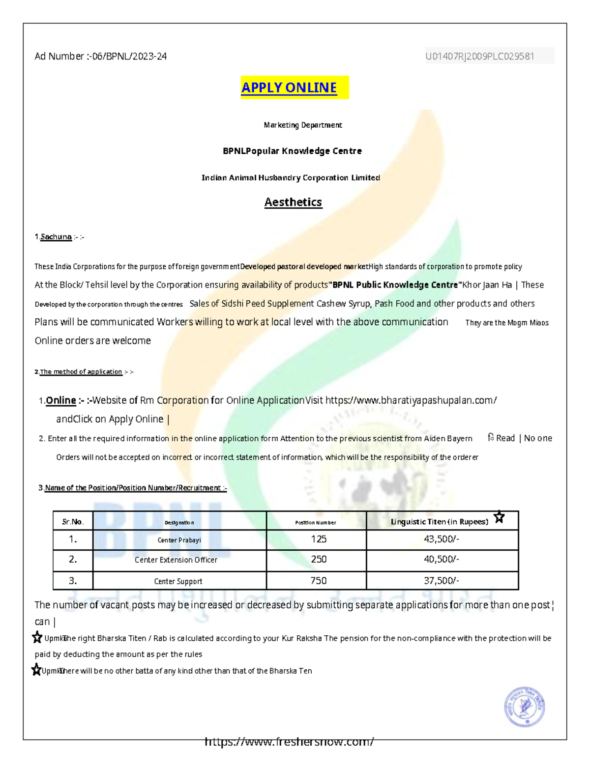 BPNL Jobs Vacancy - go through it - Ad Number :-06/BPNL/2023-24 U01407RJ2009PLC APPLY ONLINE ...