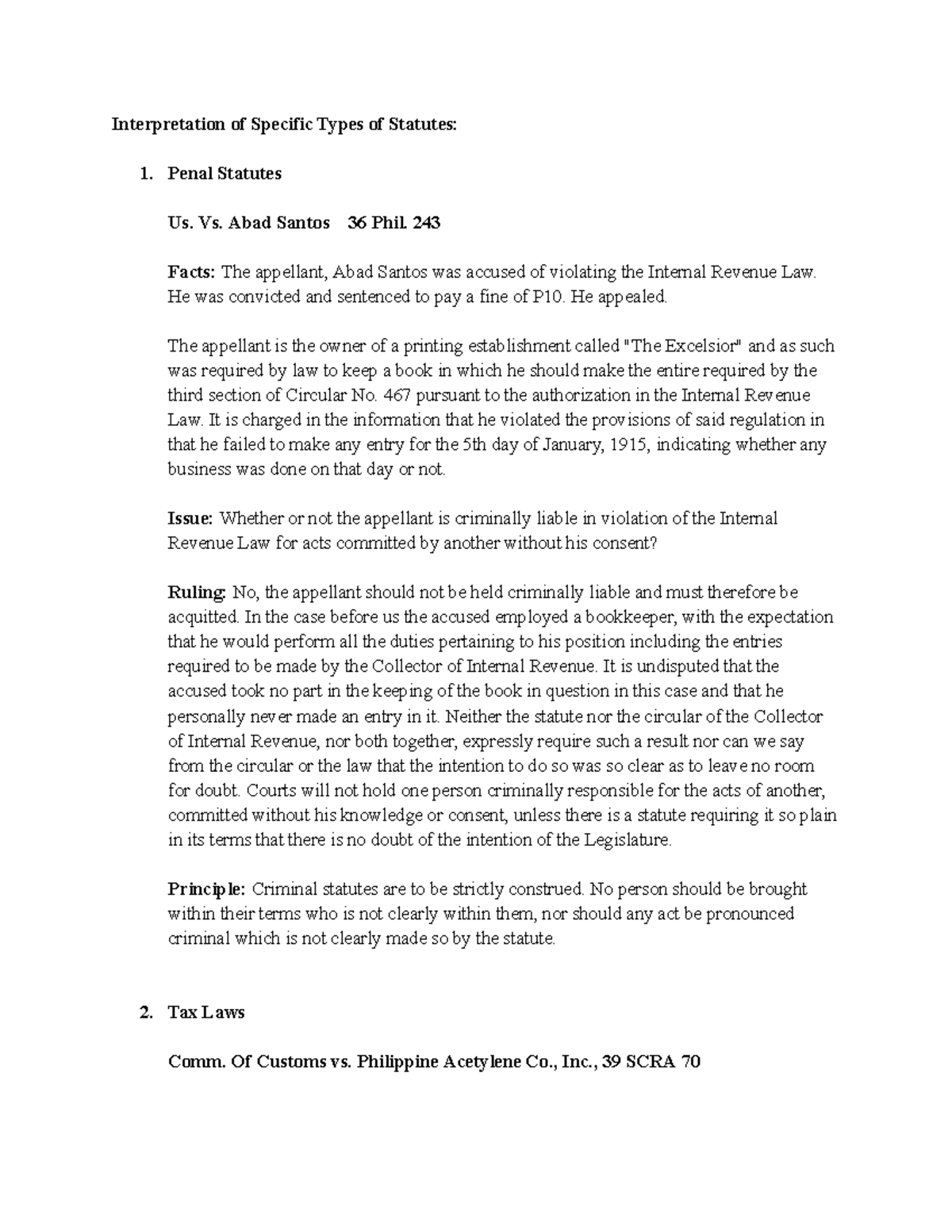 Stat Con Case Digest - Interpretation of Specific Types of Statutes: 1 ...
