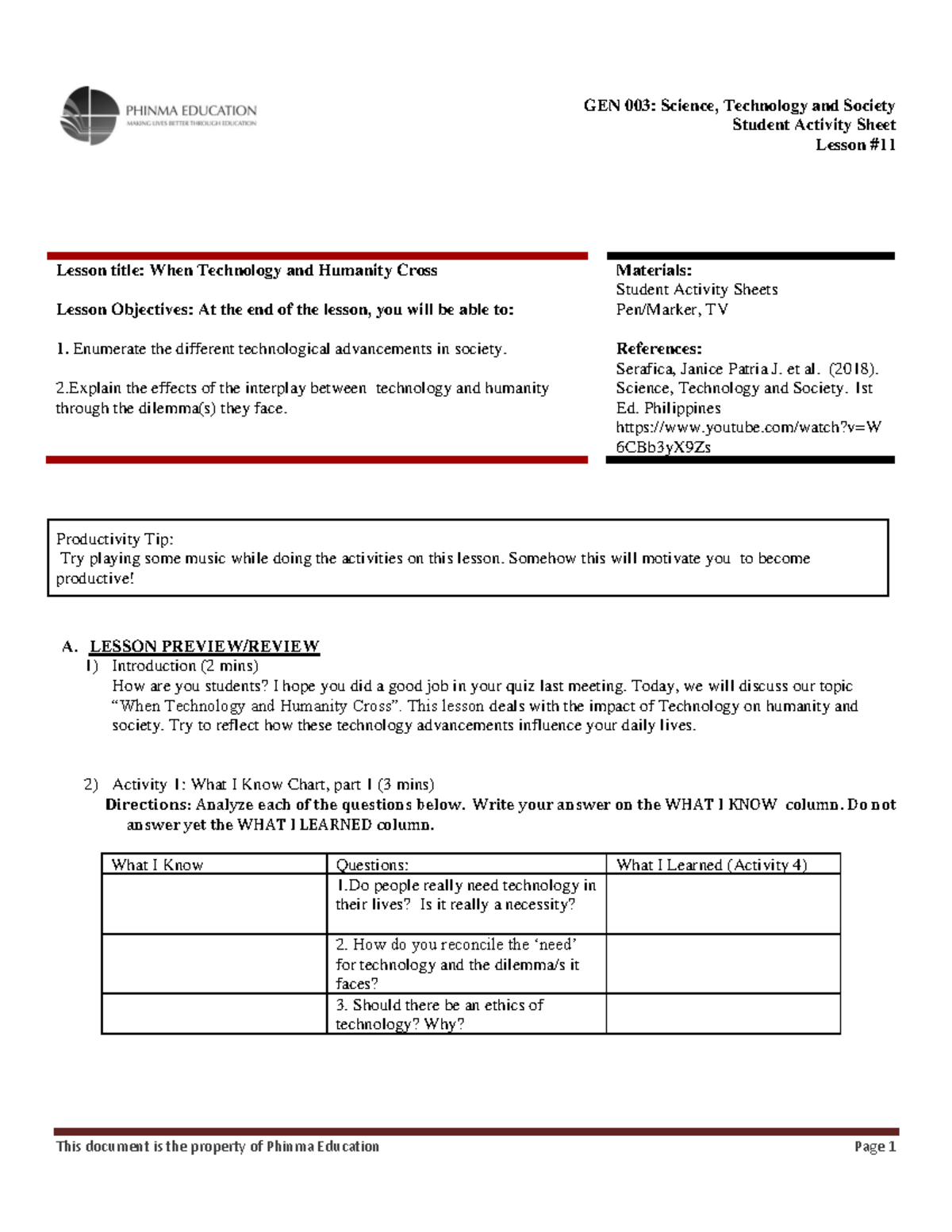 Lesson 11 SAS STS - When Technology and Humanity Cross - Student Activity Sheet Lesson # Lesson ...