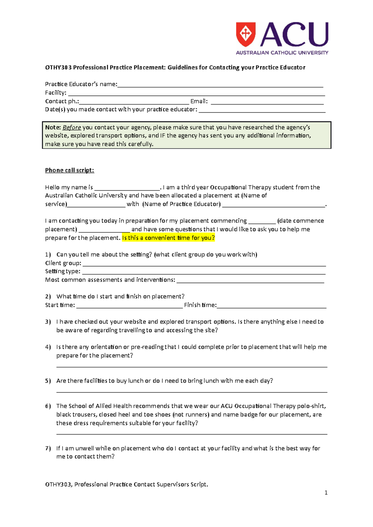Script for contacting OT Practice Educator - OTHY303 Professional ...