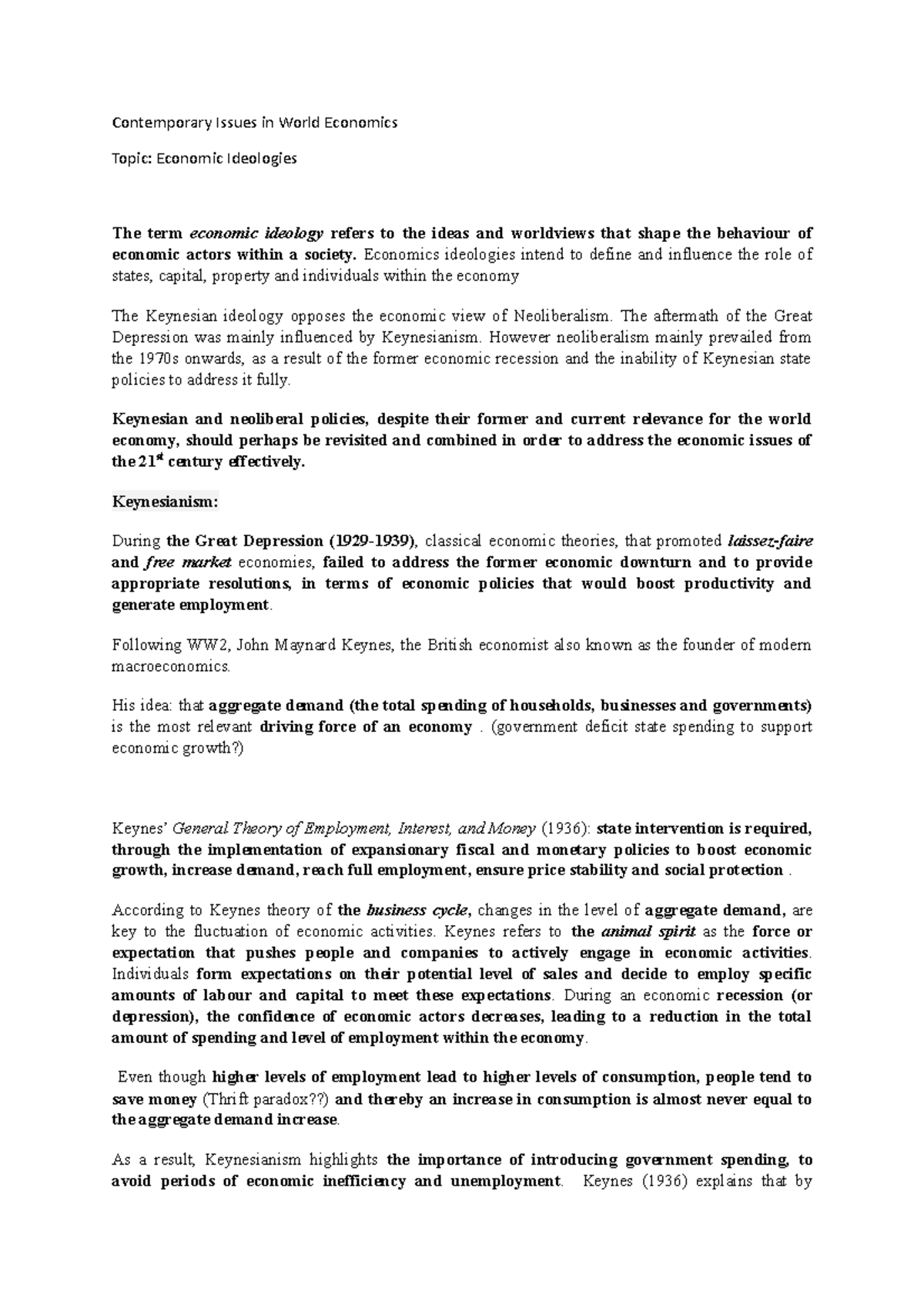 Week 2 Economic Ideologies notes - Contemporary Issues in World ...