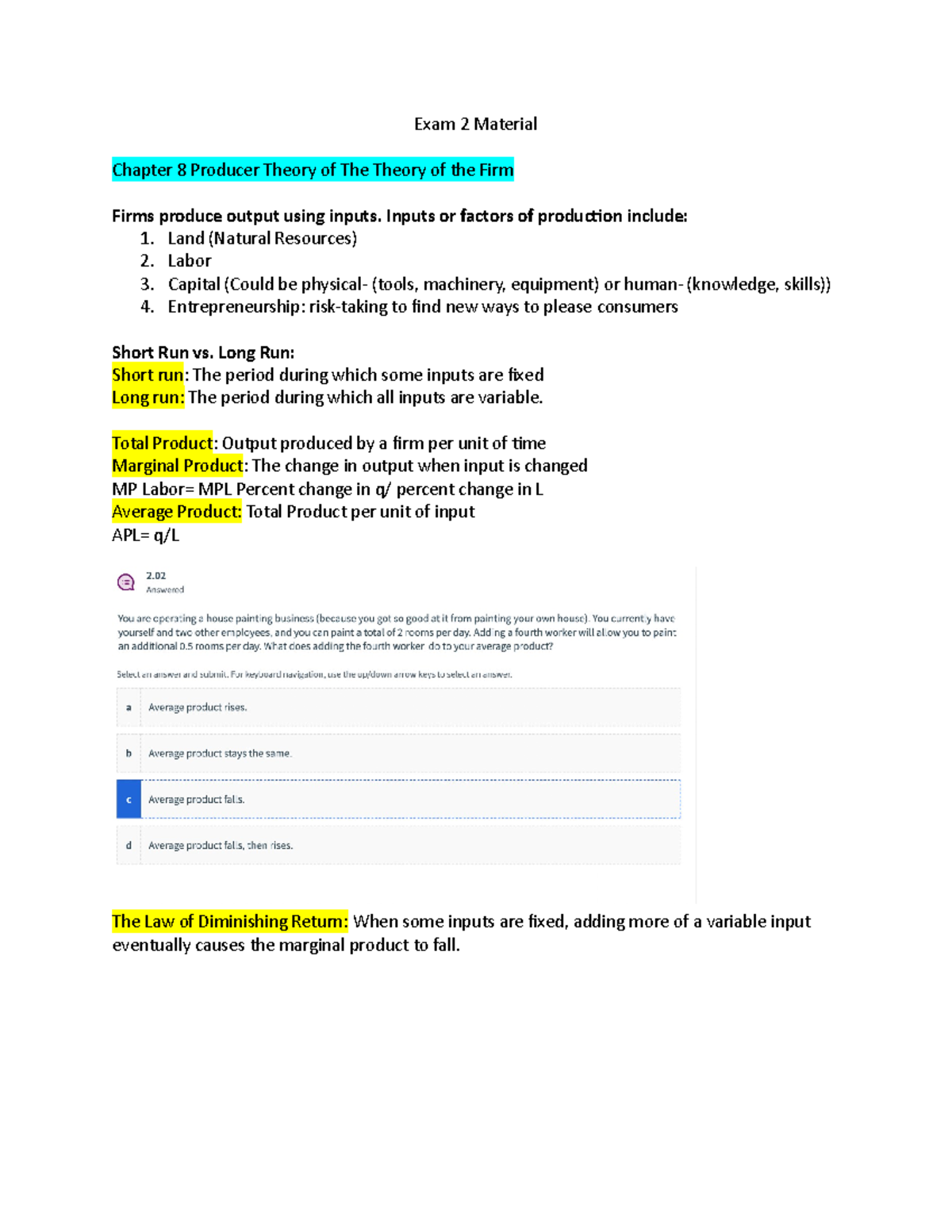 Exam 2 Material - Exam 2 Material Chapter 8 Producer Theory of The ...