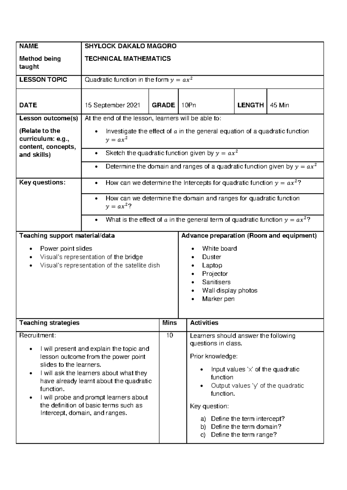 Grade 10 Tech Maths Lesson Plan - NAME Method being taught SHYLOCK ...