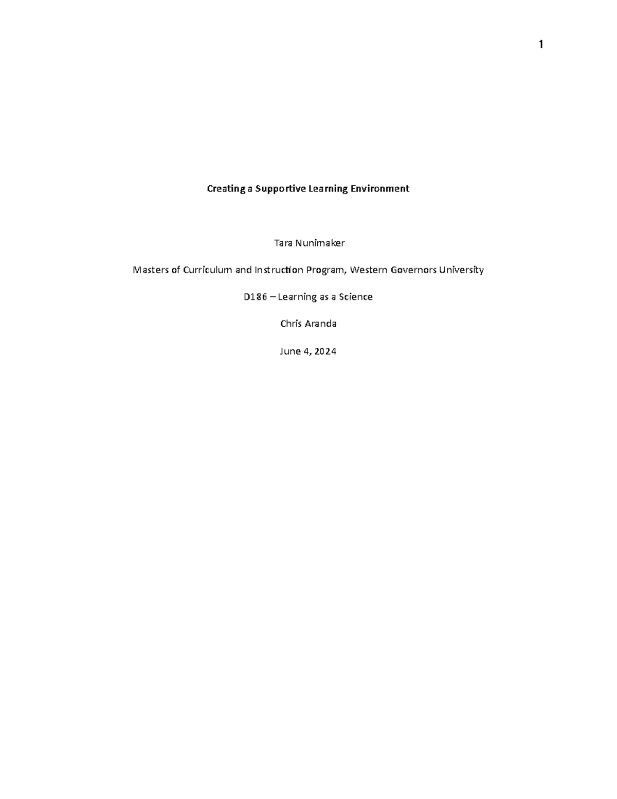 D186 - Task 01 - Creating Supportive Learning Environment - Creating a Supportive Learning - Studocu