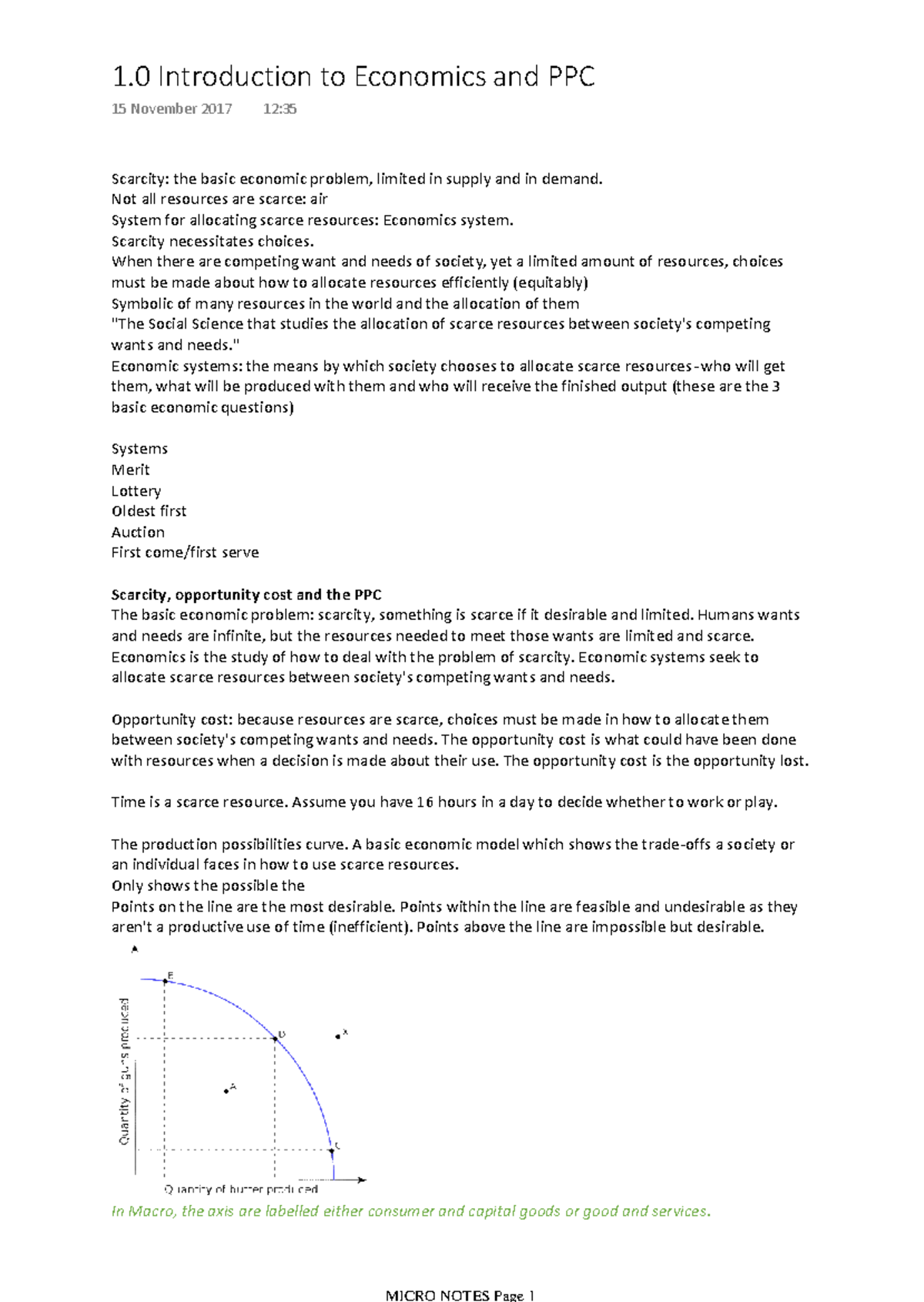 1.0 Introduction to Economics and PPC - Scarcity: the basic economic ...