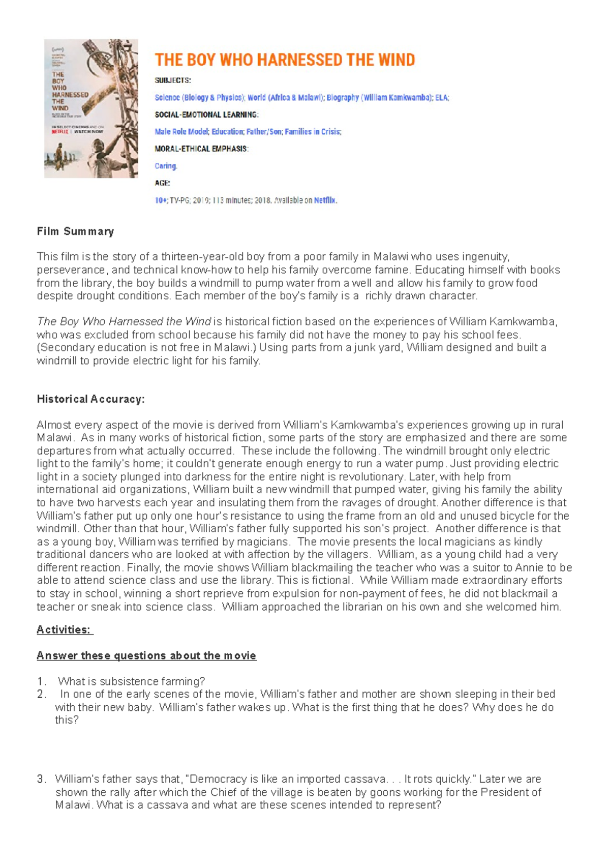 The boy who harnessed the wind - Student´s Questionaire - Film Summary ...