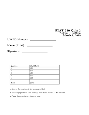 STAT 230 - Midterm 2 Sol - { Special instructions Your final numerical answers should be given ...