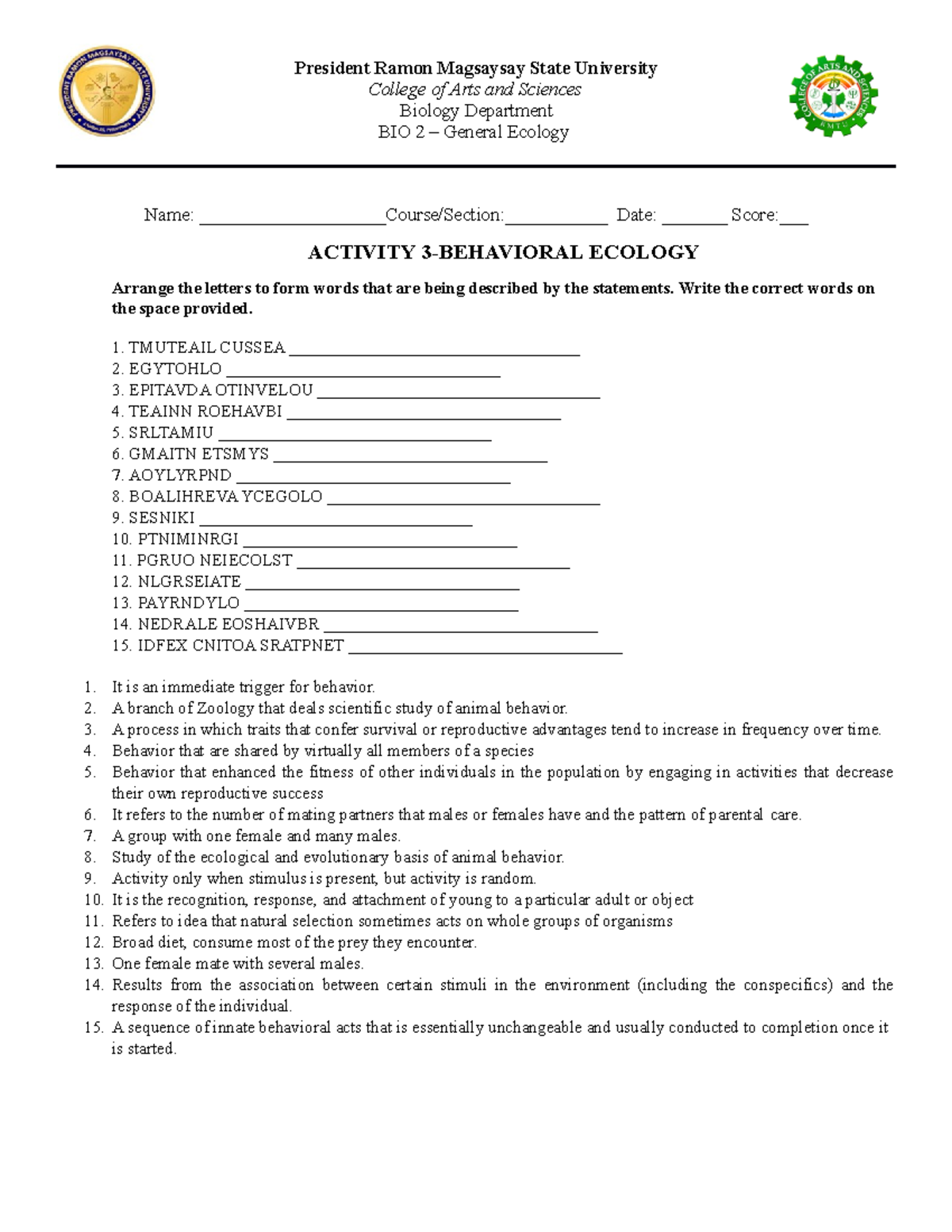 Activity 3 ( Behavior Ecology) - President Ramon Magsaysay State ...