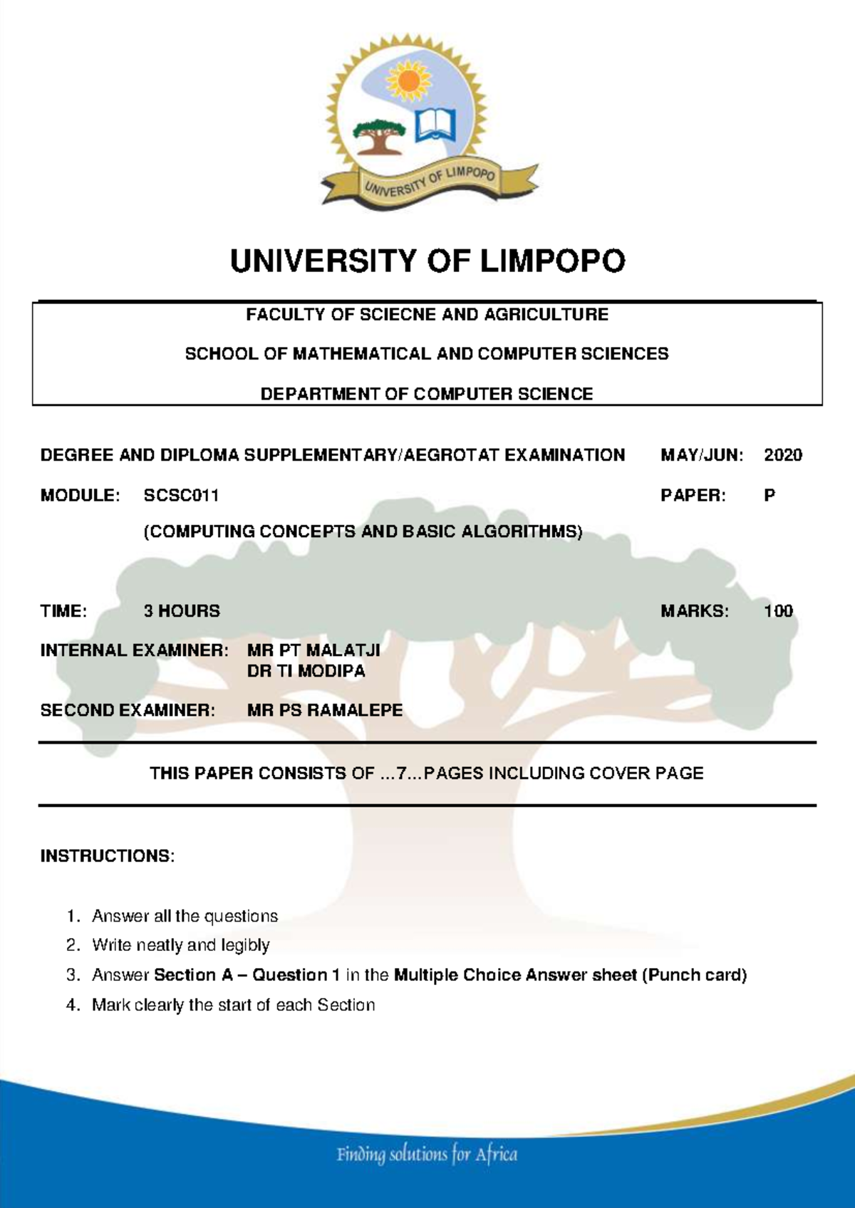 BEST Material FOR Practicing Computer Science - UNIVERSITY OF LIMPOPO FACULTY OF SCIECNE AND ...