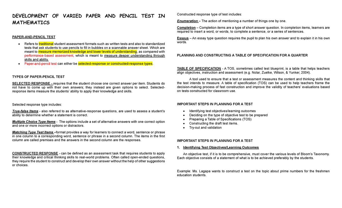 NOTES IN SOSYODAD - DEVELOPMENT OF VARIED PAPER AND PENCIL TEST IN ...