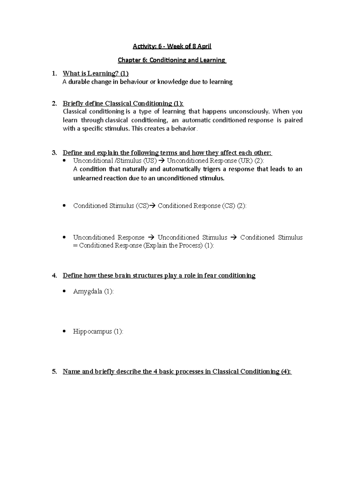 6. Online Activity 6 (Conditioning and Learning) - **Activity: 6 - Week ...