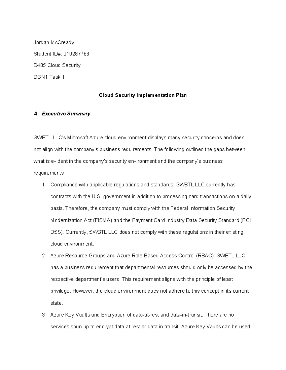 D485 Cloud Security - Jordan McCready Student ID#: 010287766 D485 Cloud ...