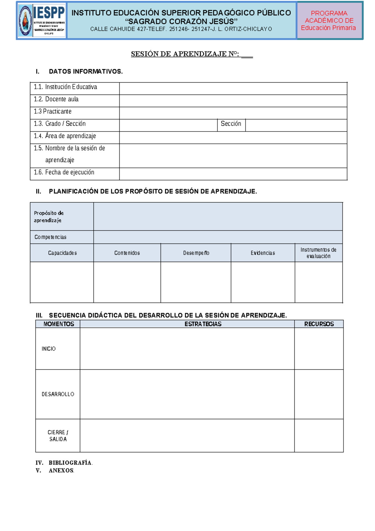 3. Esquema de sesion de aprendizaje - SESIÓN DE APRENDIZAJE N°: ___ I. DATOS INFORMATIVOS. 1 ...