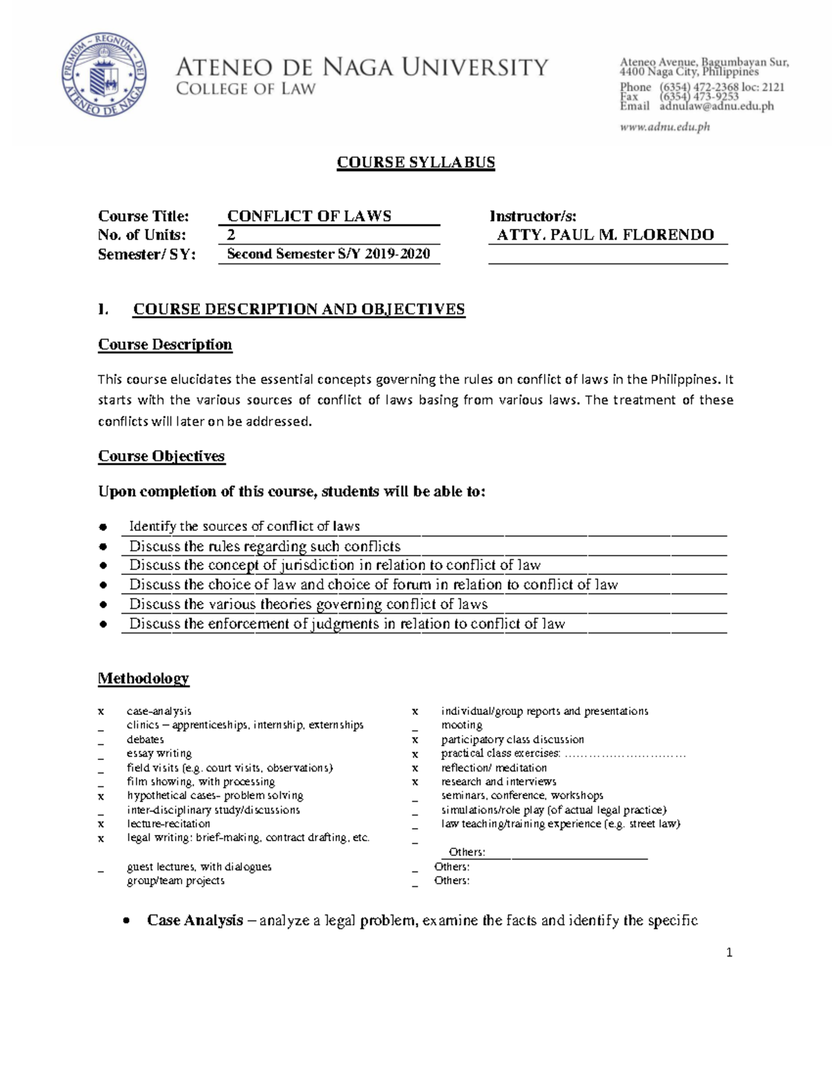 Course-syllabus-conflict-of-law - Warning: TT: undefined function: 32 Nasa COURSE SYLLABUS ...