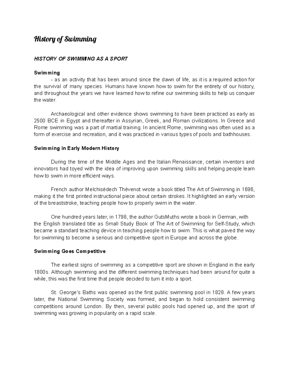 PE Intro - Histor of Swimmin HISTORY OF SWIMMING AS A SPORT Swimming ...