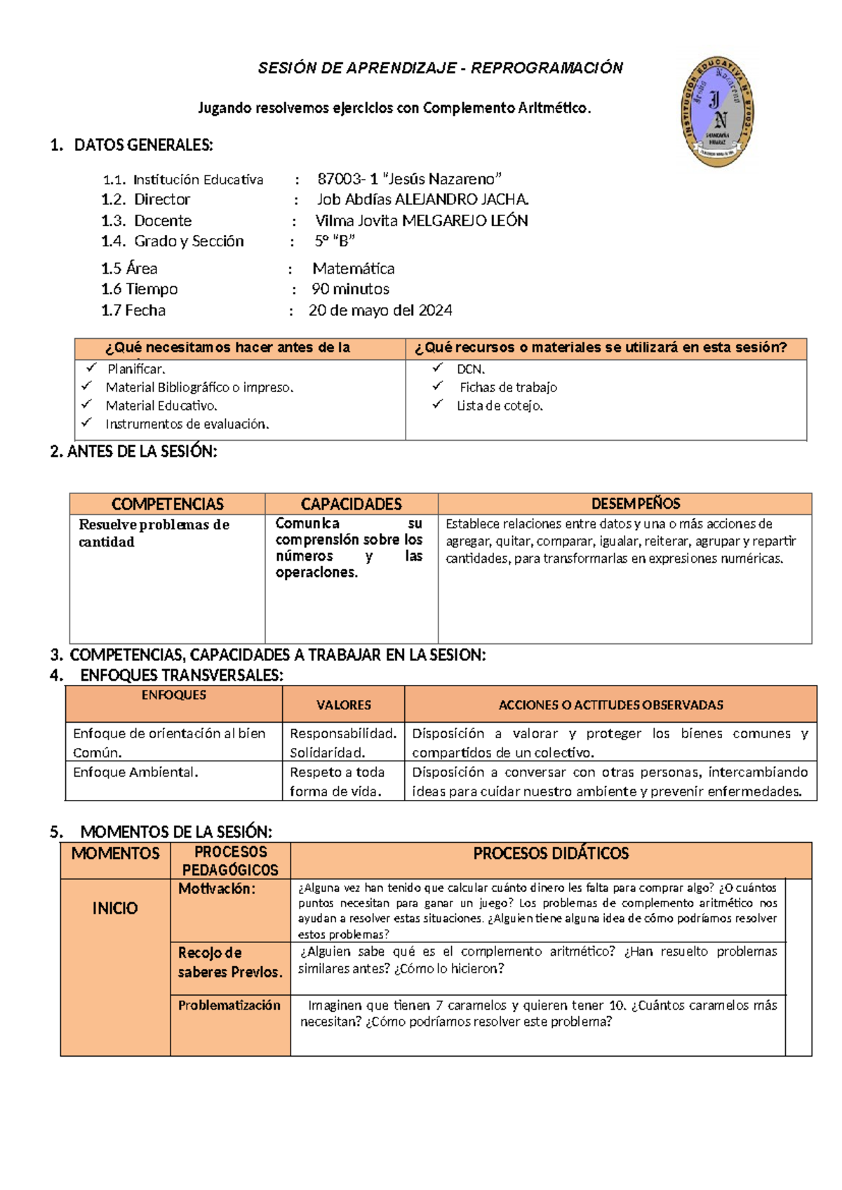 1. Sesión de Aprend. Mat. - Lunes - Complemento Atim. - 20-05- 2024 - SESIÓN DE APRENDIZAJE ...