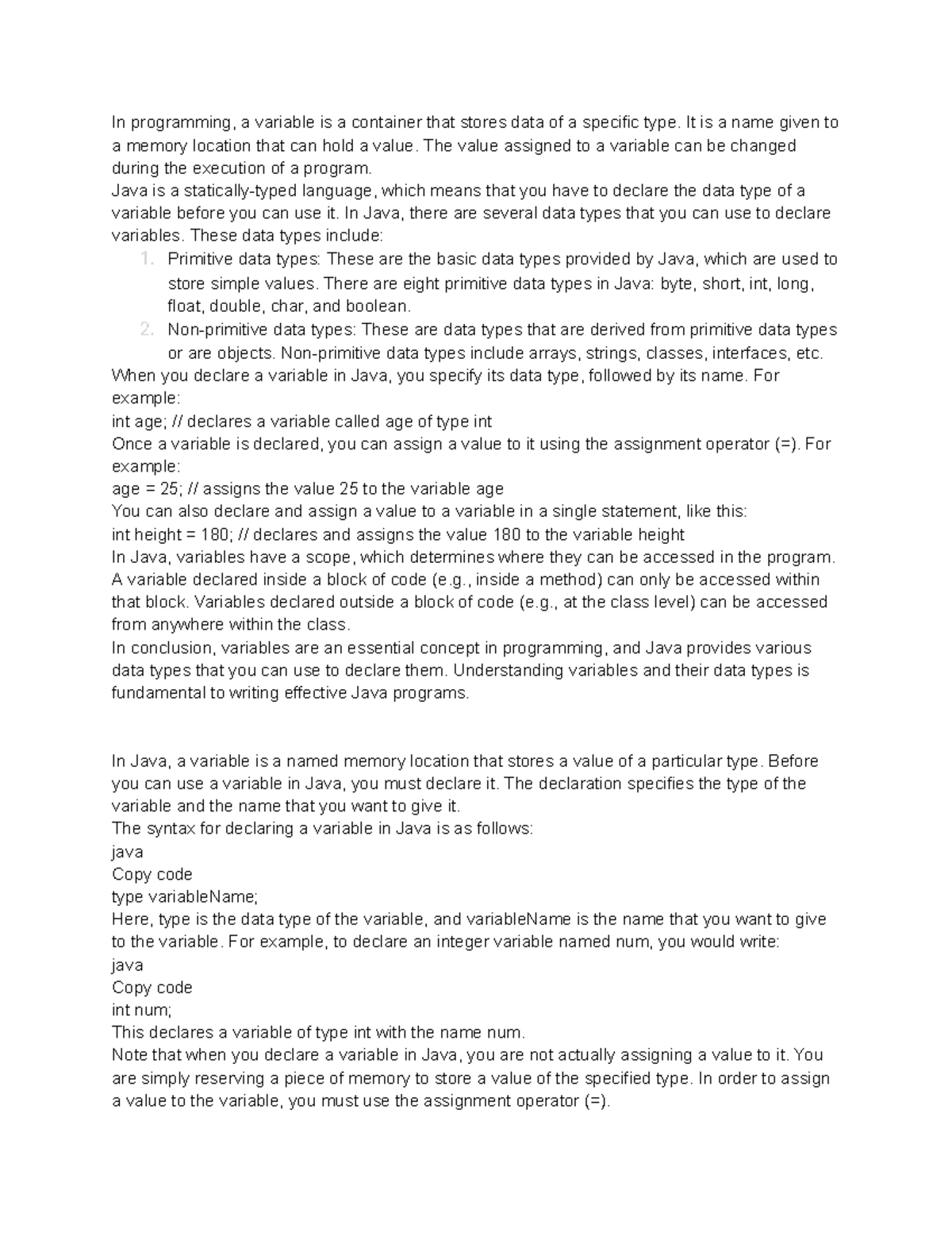 Com 101 Lecture Notes 3 In Programming A Variable Is A Container That Stores Data Of A 4908