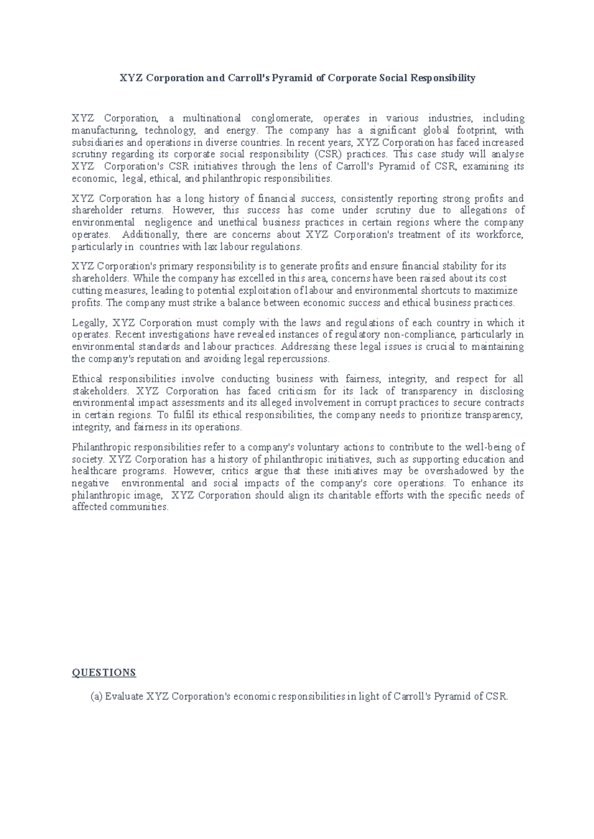 Practice Case Study XYZ Corporation and Carroll - XYZ Corporation and ...