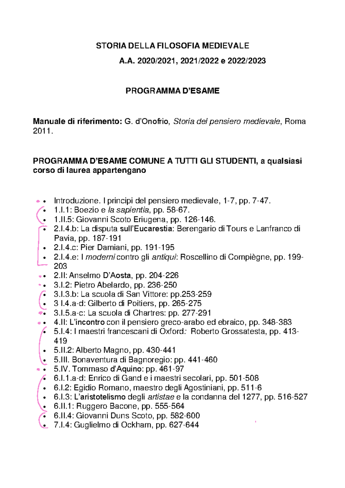 Programma d'esame Storia filosofia medievale 2021, 2022 e 2023 - STORIA DELLA FILOSOFIA ...