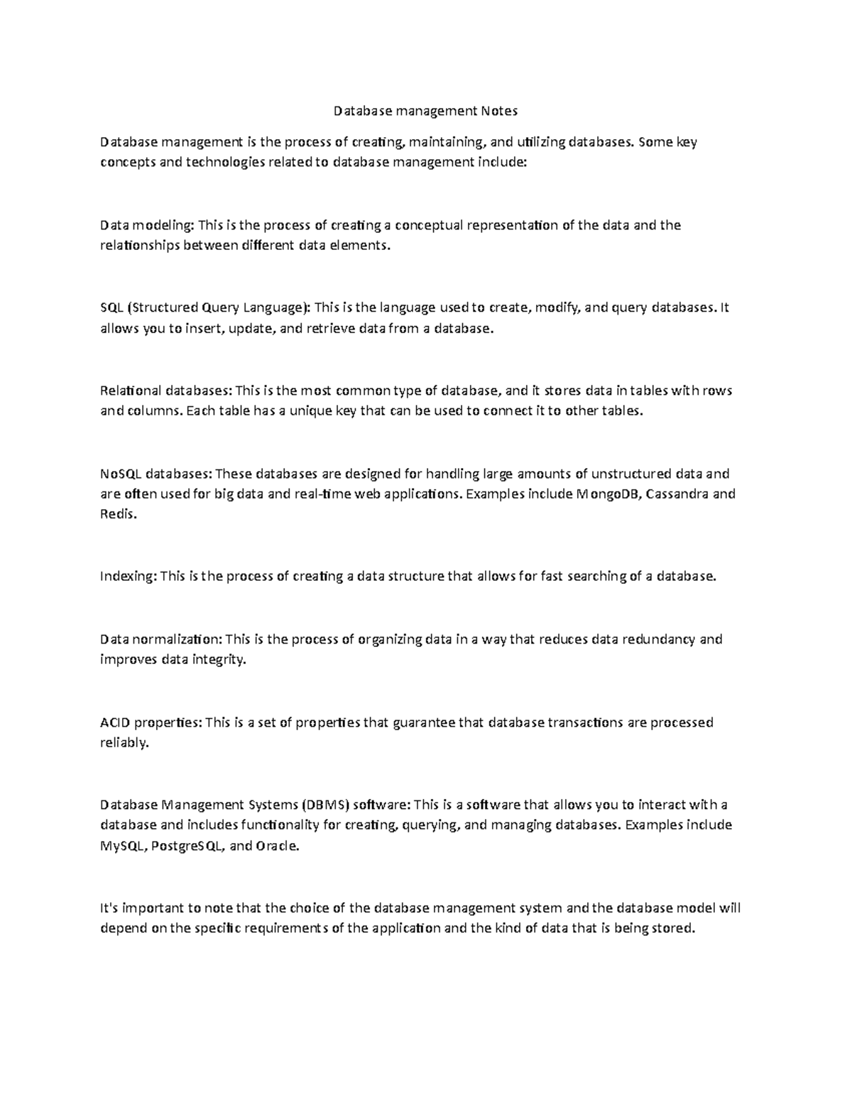 Database management Notes - Database management is the process of ...