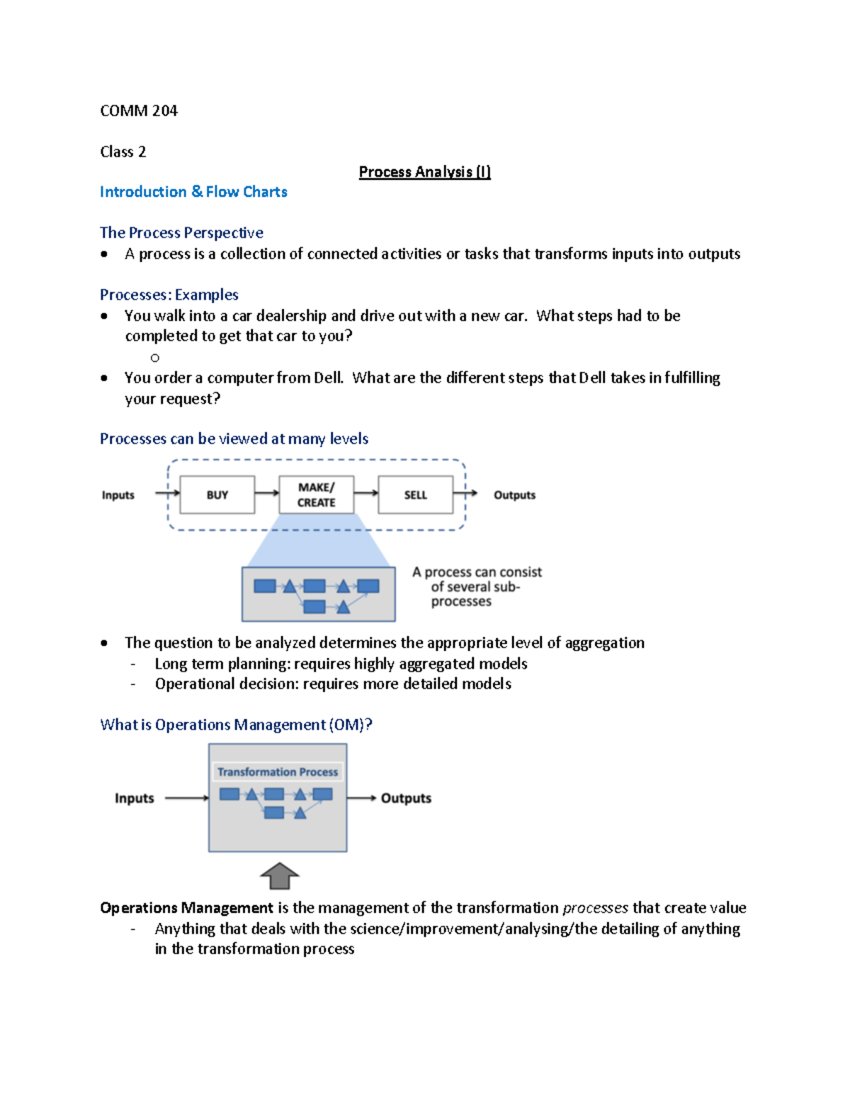 Process Analysis Notes (204) - COMM 204 Class 2 Process Analysis (I ...