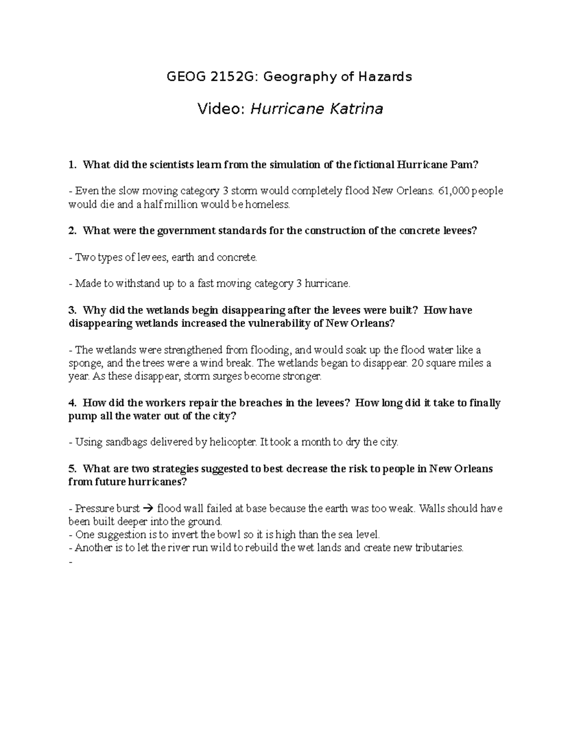 Video Questions - Hurricane Katrina - GEOG 2152G: Geography of Hazards ...