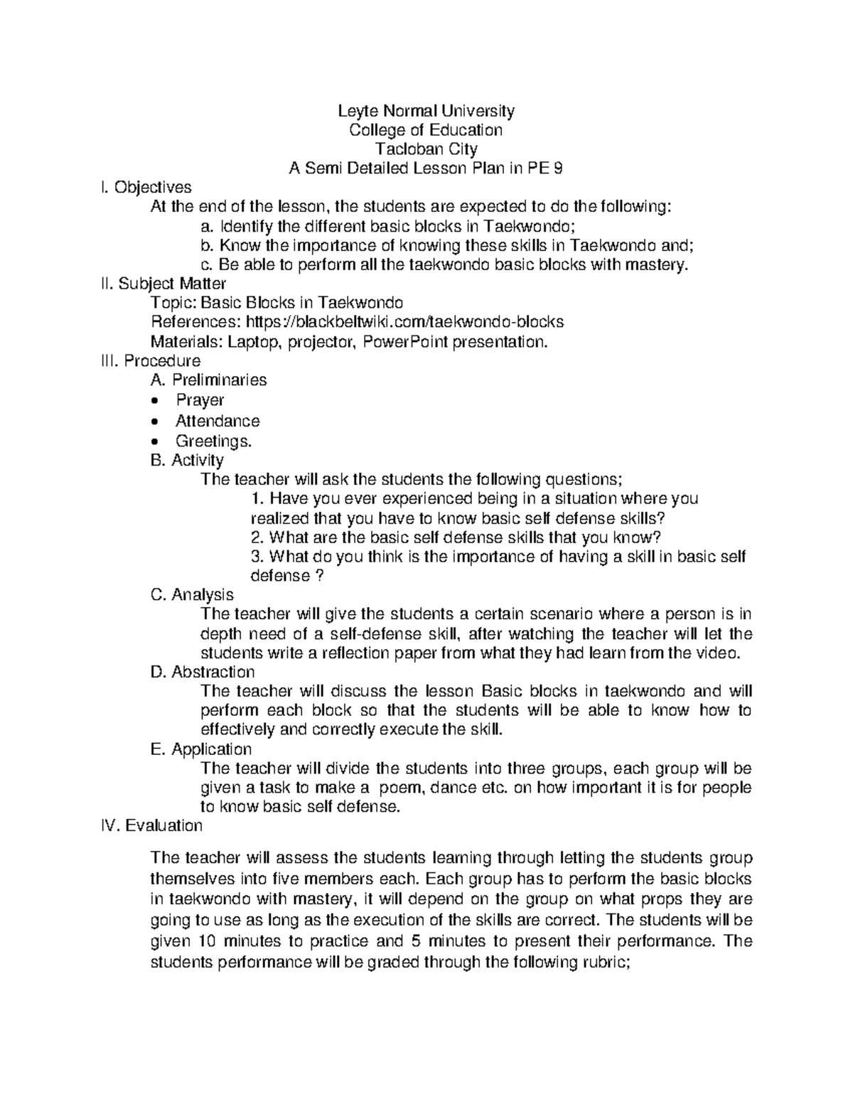 Lesson PLAN 5 - Leyte Normal University College of Education Tacloban ...