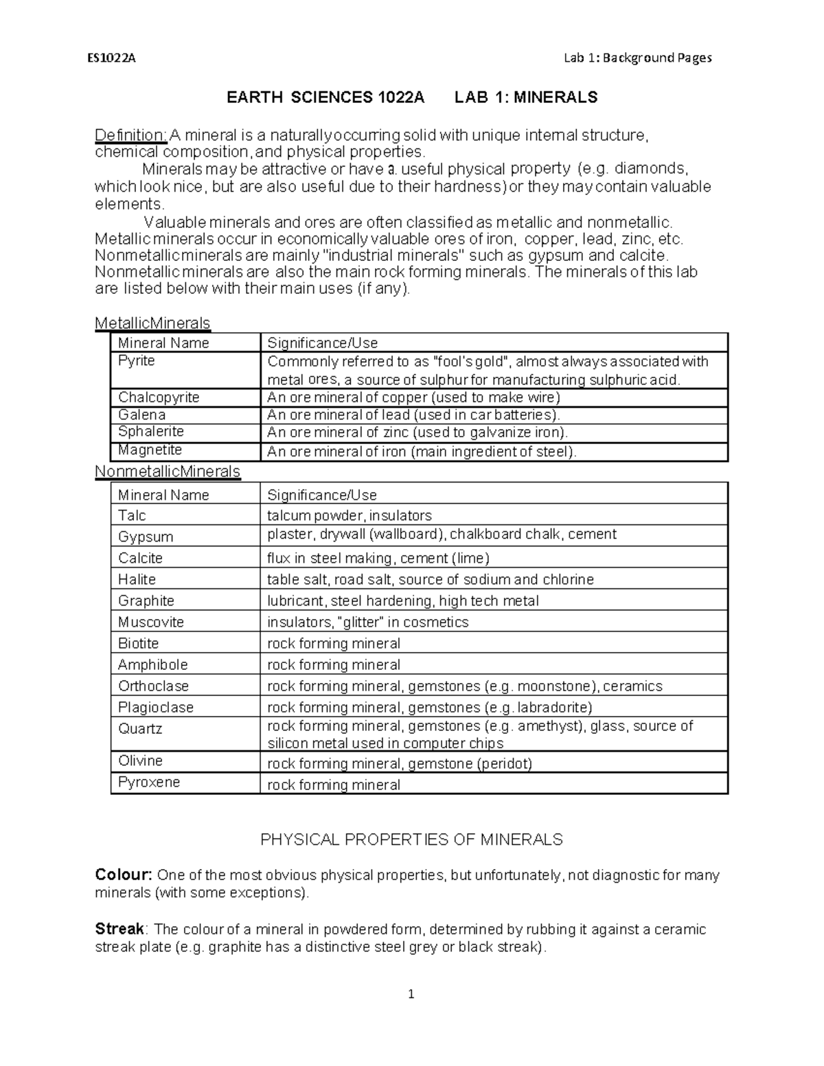 Microsoft Word - ES 1022 A lab1 minerals student 2022 - ES1022A Lab 1 ...