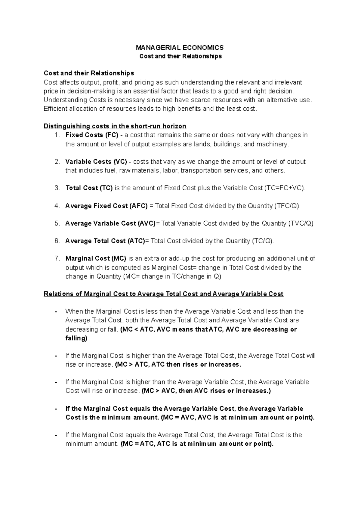 Managerial Notes - MANAGERIAL ECONOMICS Cost and their Relationships ...