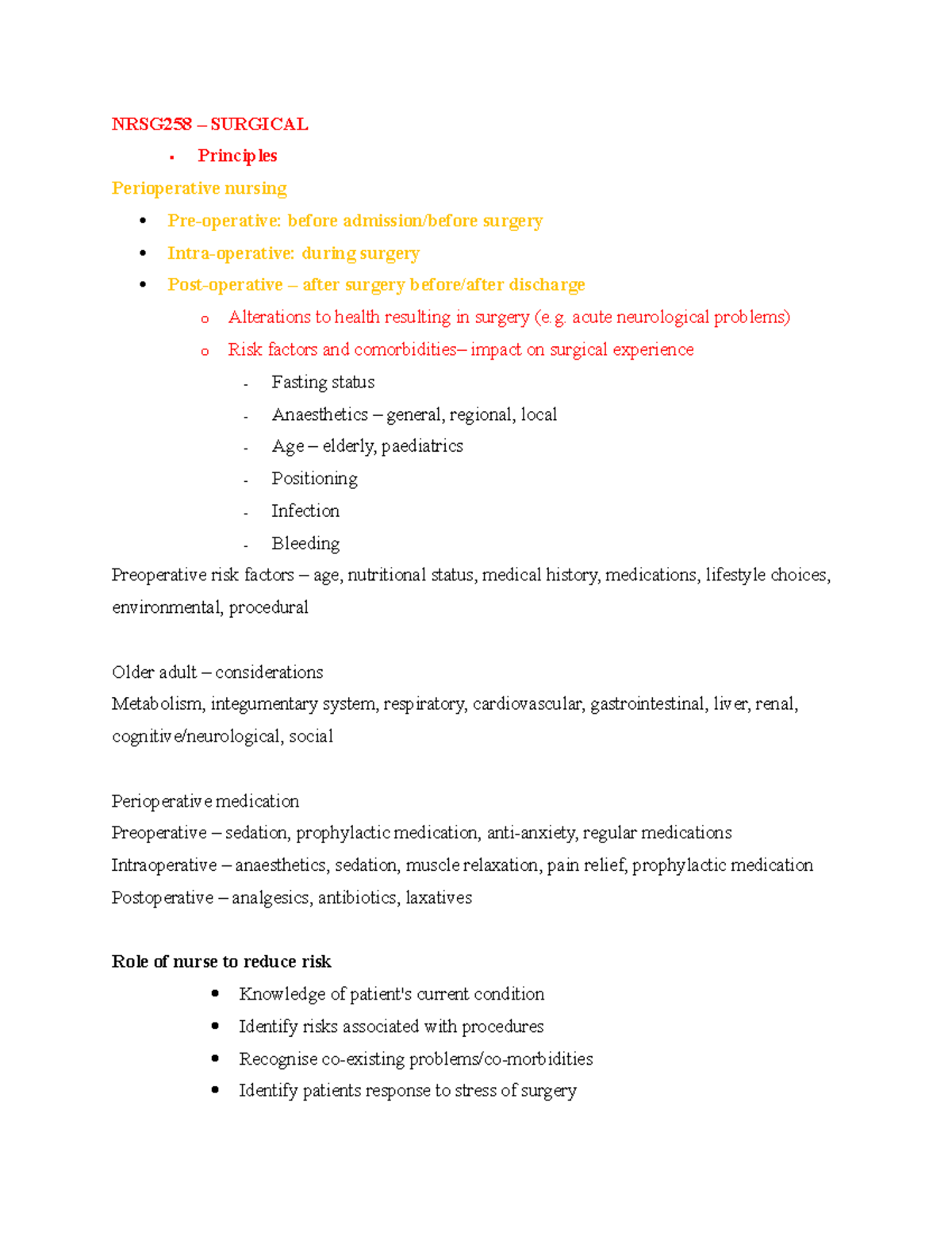 NRSG258 – Surgical - Lecture notes 1-10 - NRSG258 – SURGICAL Principles ...