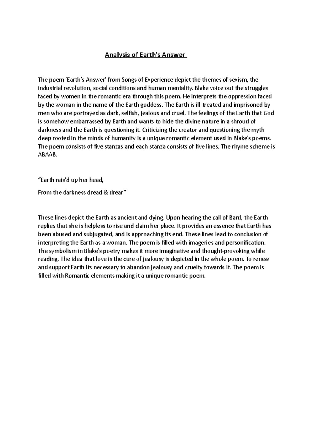 Analysis of Earth's Answer - Analysis of Earth’s Answer The poem 'Earth ...