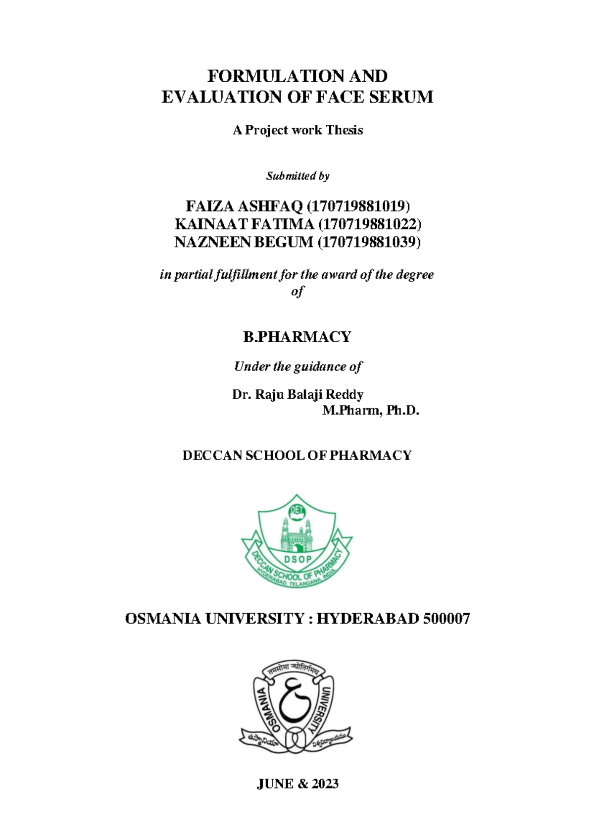 Final Thesis practical - FORMULATION AND EVALUATION OF FACE SERUM A Project work Thesis ...