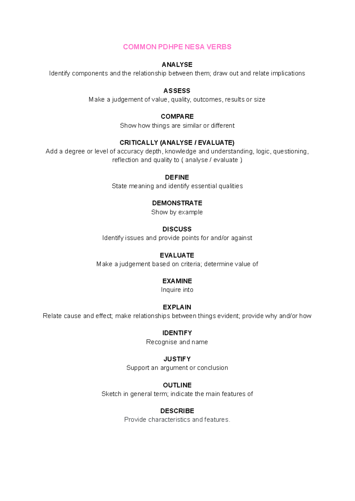 Common Pdhpe NESA Verbs - COMMON PDHPE NESA VERBS ANALYSE Identify ...