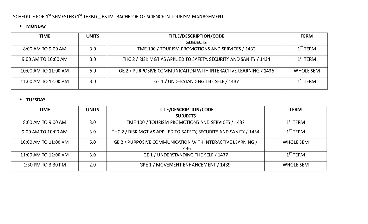 Schedule FOR 1ST Semester 1ST TERM - 1ST YR ON BSTM - SCHEDULE FOR 1ST ...