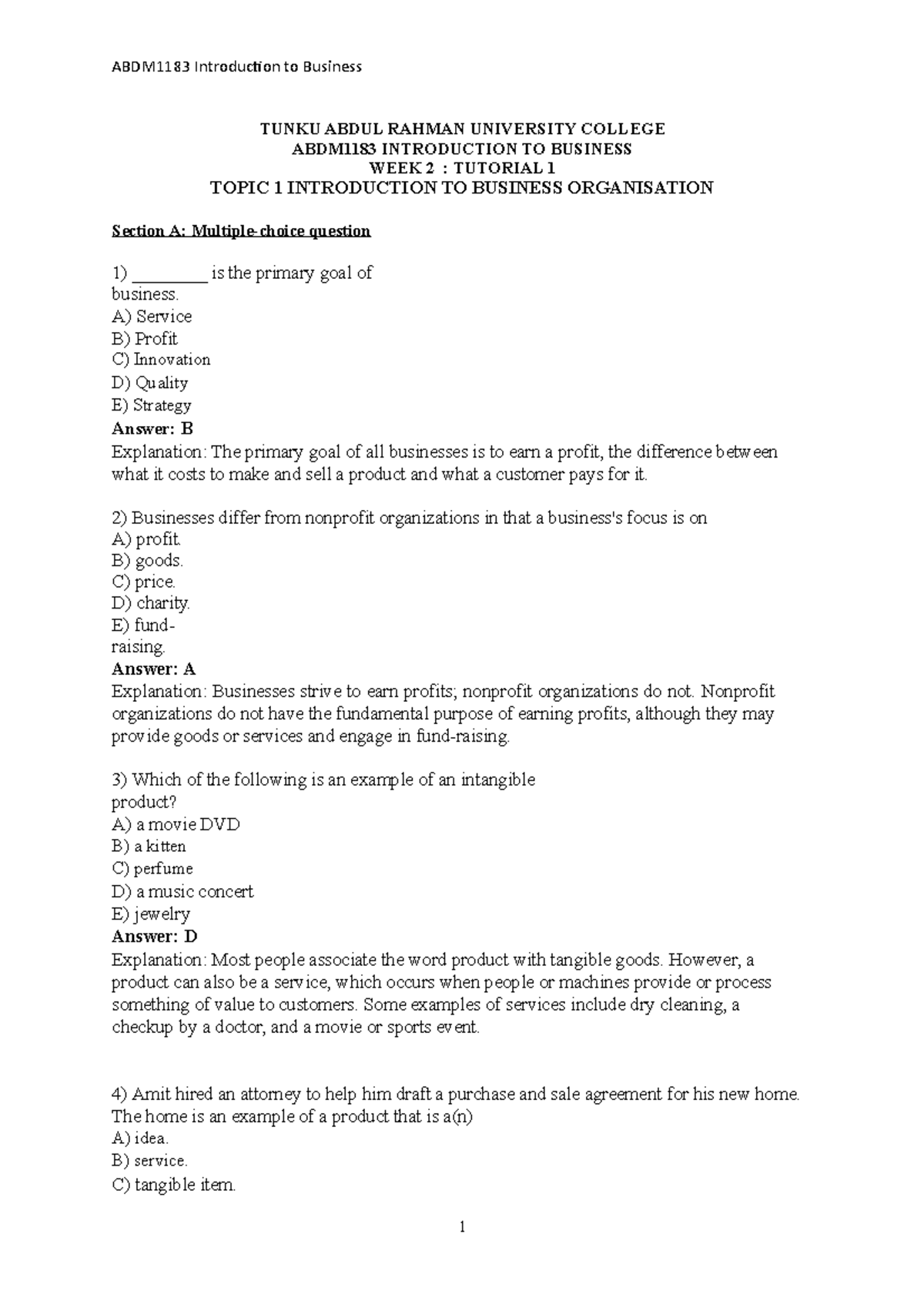 WEEK 2 Tutorial 1 - answer - TUNKU ABDUL RAHMAN UNIVERSITY COLLEGE ...