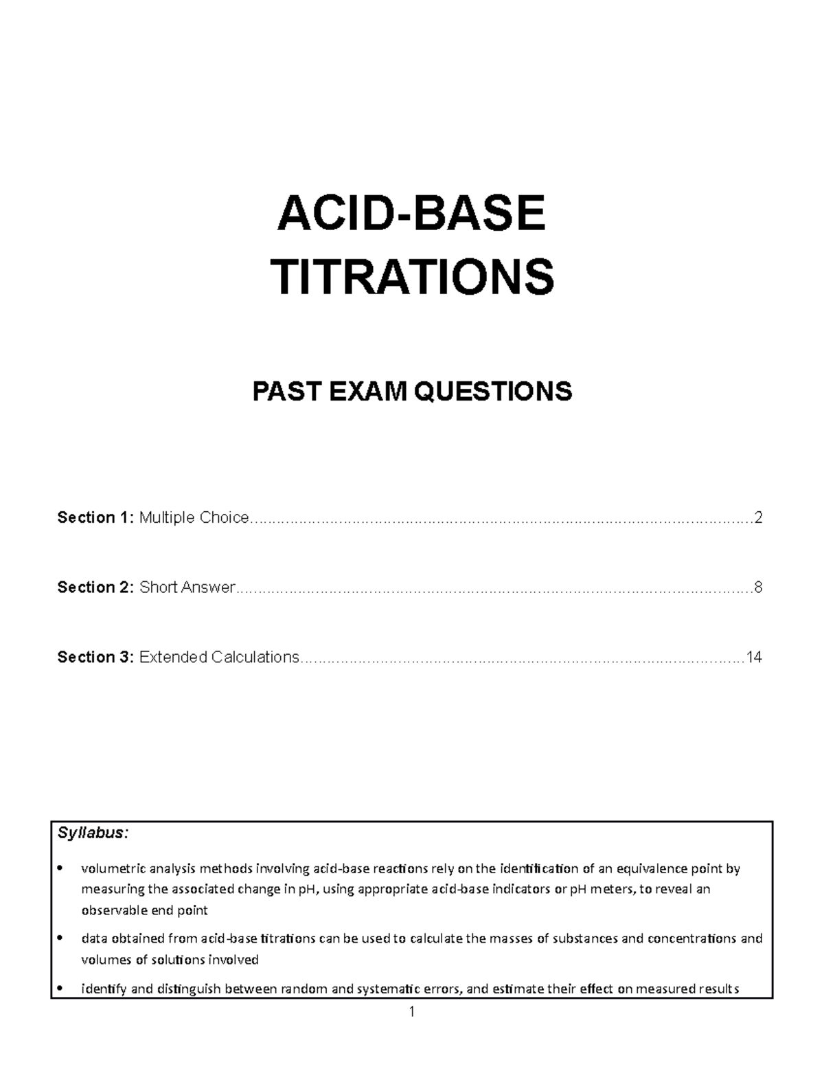 Titration Exam Questions - ACID-BASE TITRATIONS PAST EXAM QUESTIONS ...