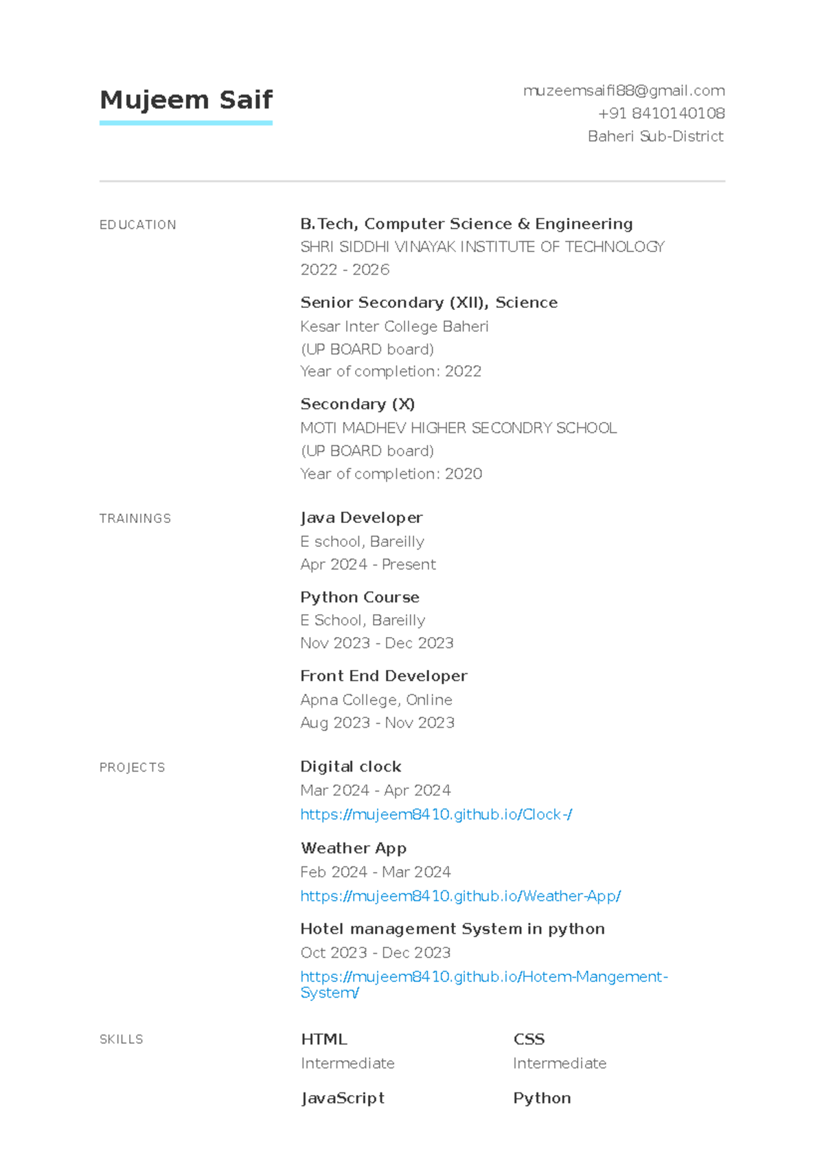 Mujeem Saif Internshala Resume - Mujeem Saif muzeemsaifi88@gmail +91 8410140108 Baheri Sub ...