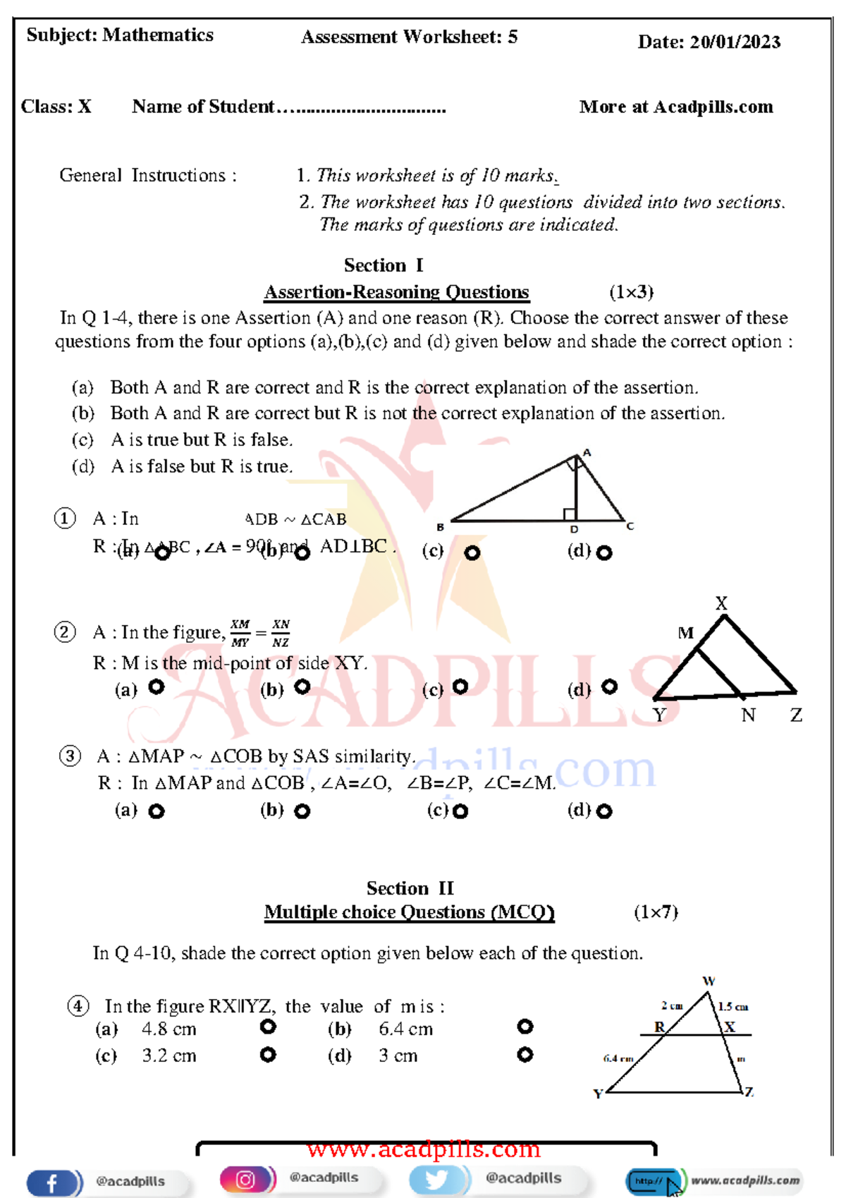 Maths Assessment Worksheet 5 - Subject: Mathematics A Class: X Name of ...