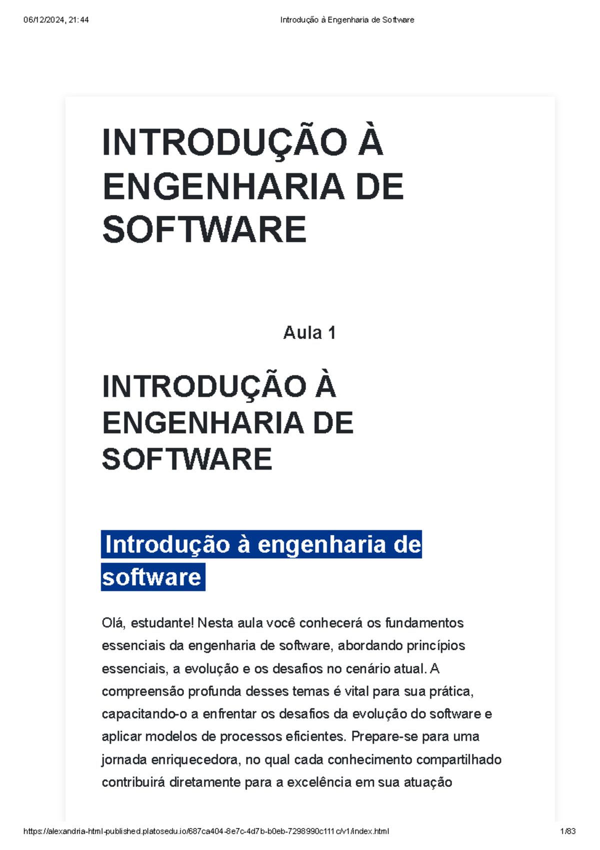 Engenharia De Software 1 Introdução à Engenharia De Software Aula 1