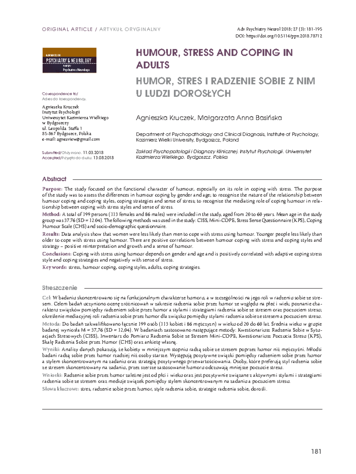 Humour, Stress AND Coping - 181 HUMOUR, STRESS AND COPING IN ADULTS ...