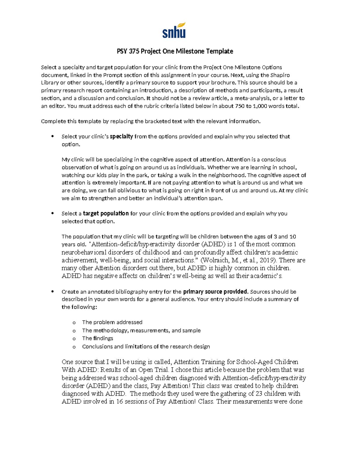 PSY 375 Project One Milestone Template - PSY 375 Project One Milestone ...
