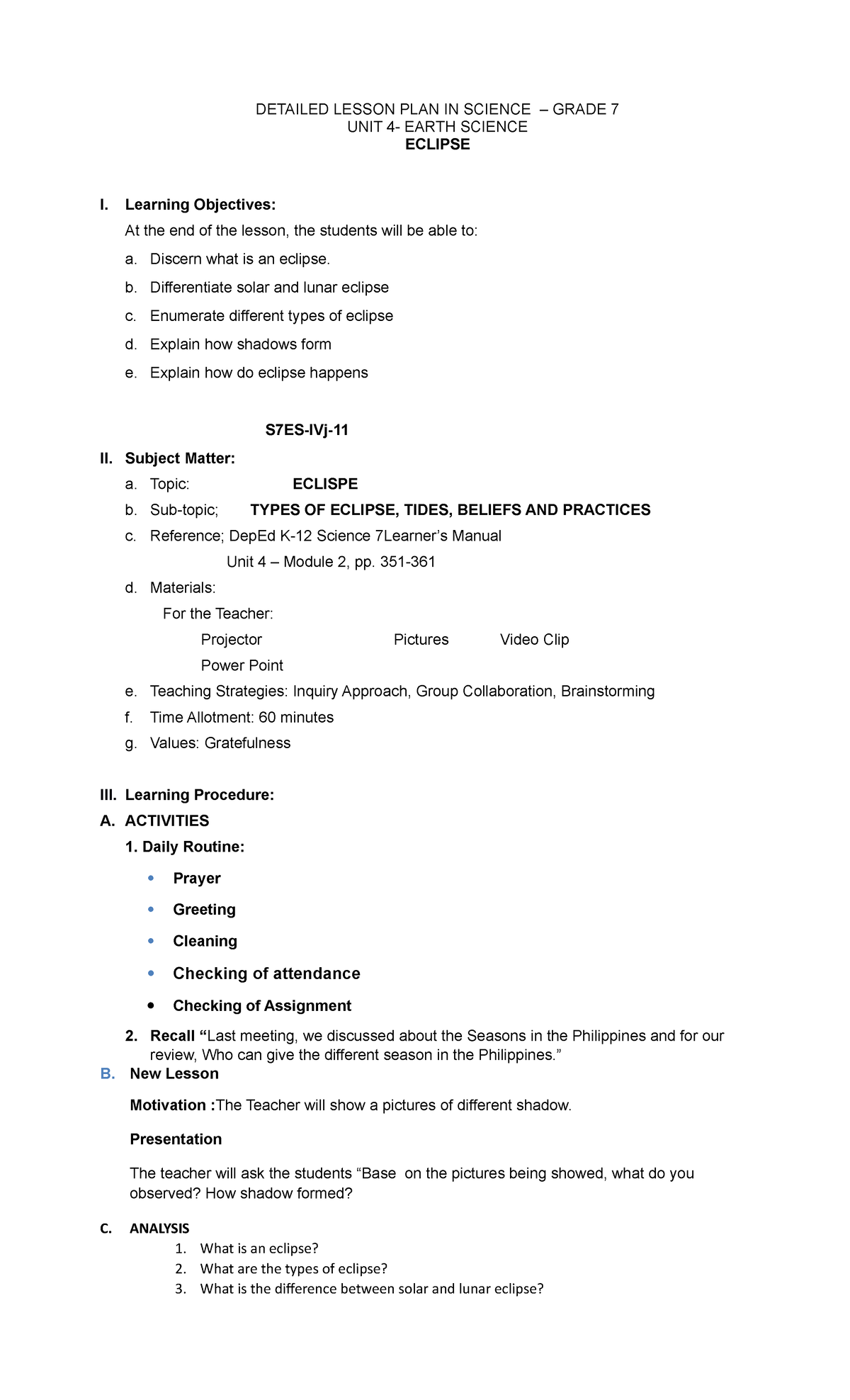 SCIENCE 7 Quarter 4 - Eclipse Demo Teaching - DETAILED LESSON PLAN IN ...