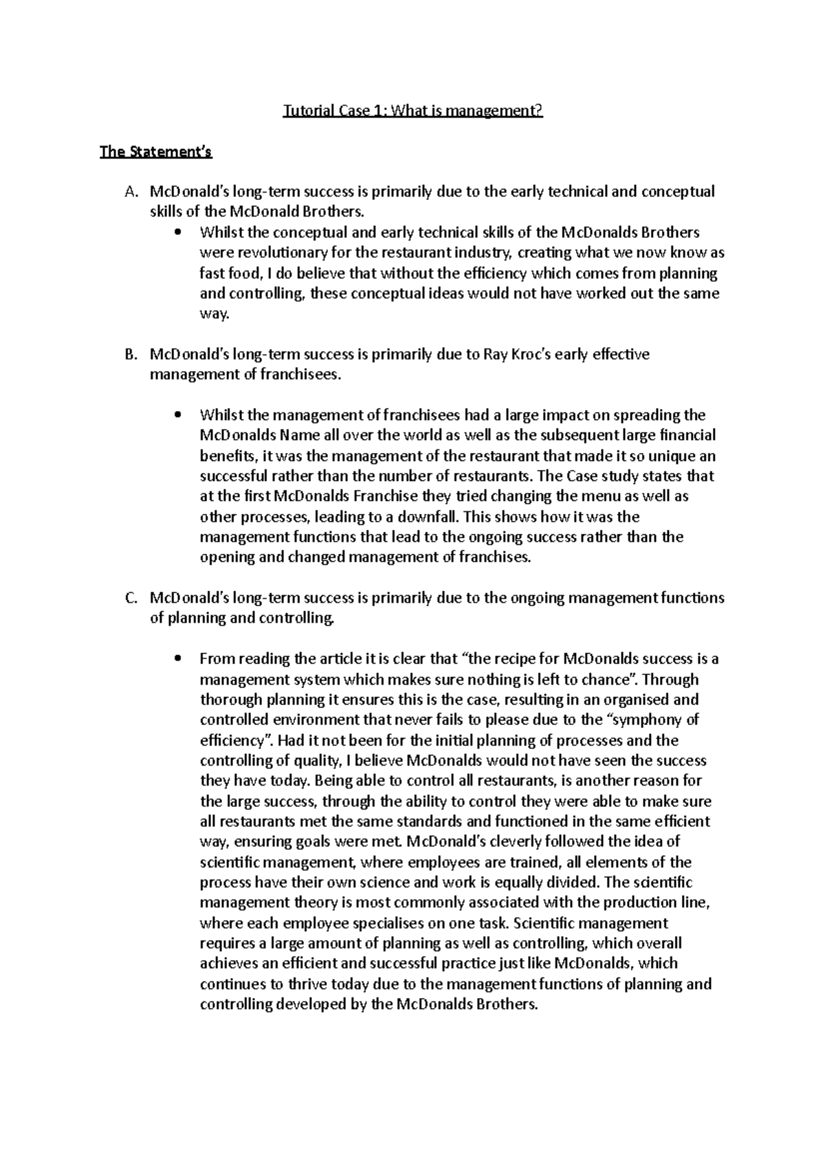 Tutorial Case 1 - Mc Donalds Case Study - Tutorial Case 1: What is management? The Statement’s A ...