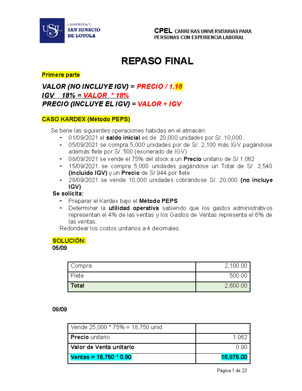 S7 Repaso Final-Celfa 2022 - PERSONAS CON EXPERIENCIA LABORAL REPASO FINAL Primera parte VALOR ...