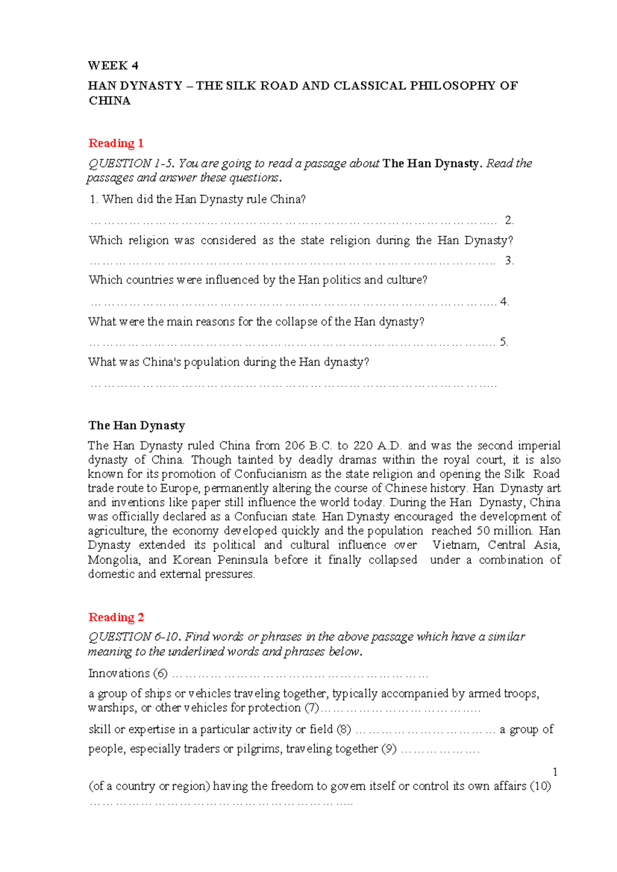 Week 4 Han Dynasty and the Silk Road (Exercises) - WEEK 4 HAN DYNASTY ...